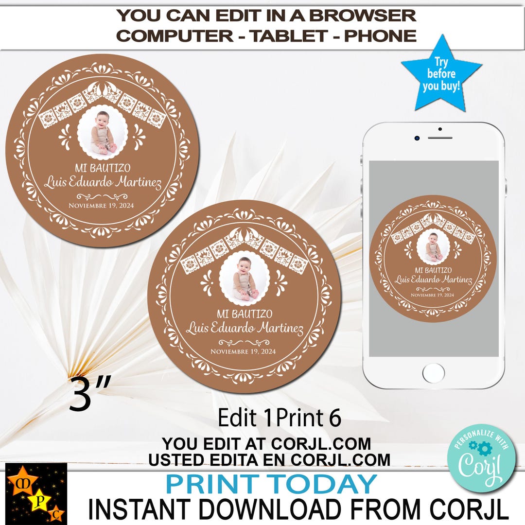 Mi Bautizo Baptism Photo Favor Tags, Barro, Edit and Download in Corjl ...