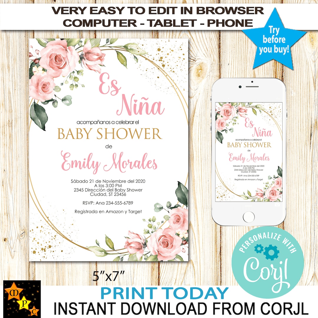 Spanish Floral Baby Shower Invitation, Girl, Blush Pink, Instant ...