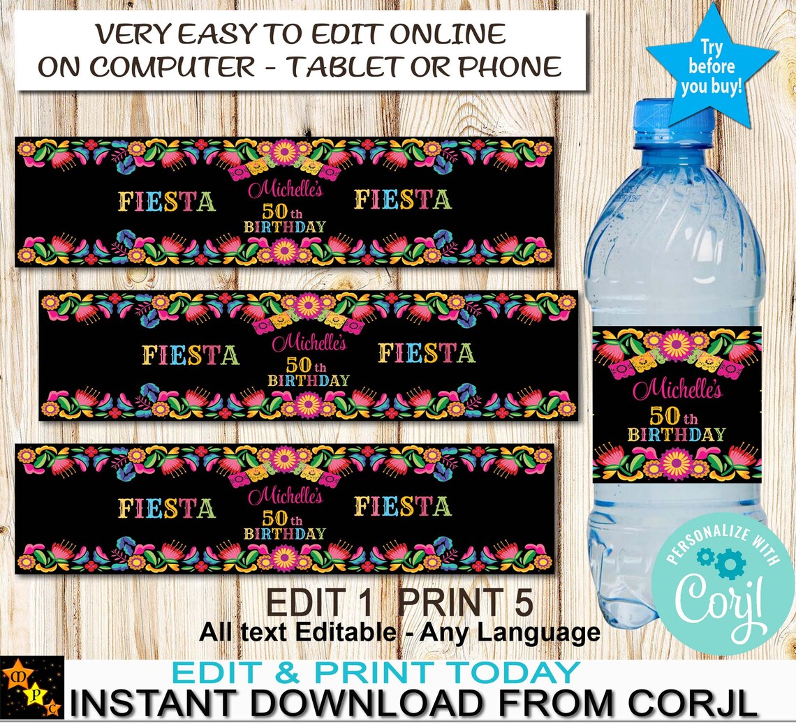 Birthday, Any Age, Mexican Water Bottle Labels, Birthday, Sarape ...