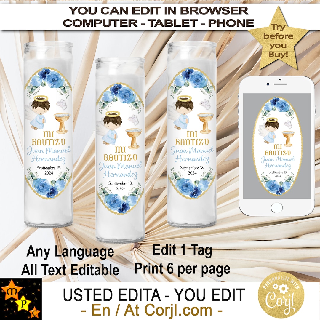 Mi Bautizo Baptism Candle Labels, Angel, Angelito, Printable, Baptismal ...