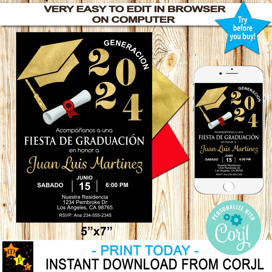 Spanish Graduation Party Invitation, Invitacion Graduacion, Black Gold ...
