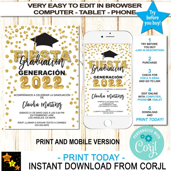 Spanish Graduation Party Invitation Black and Gold INSTANT | Etsy