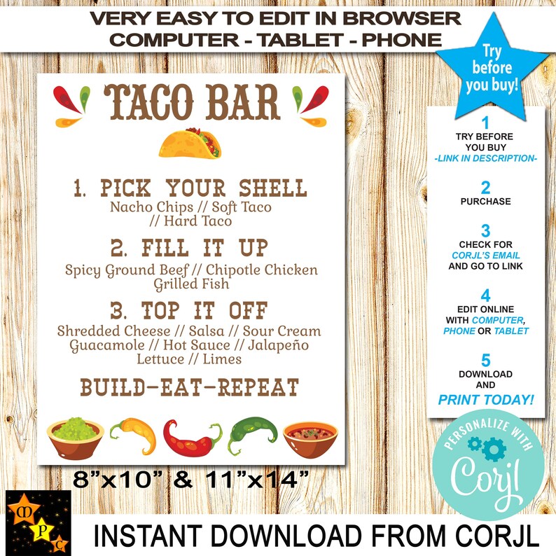 Taco Bar Sign, Mexican, Editable, Instant Download From Corjl, Edit in ...