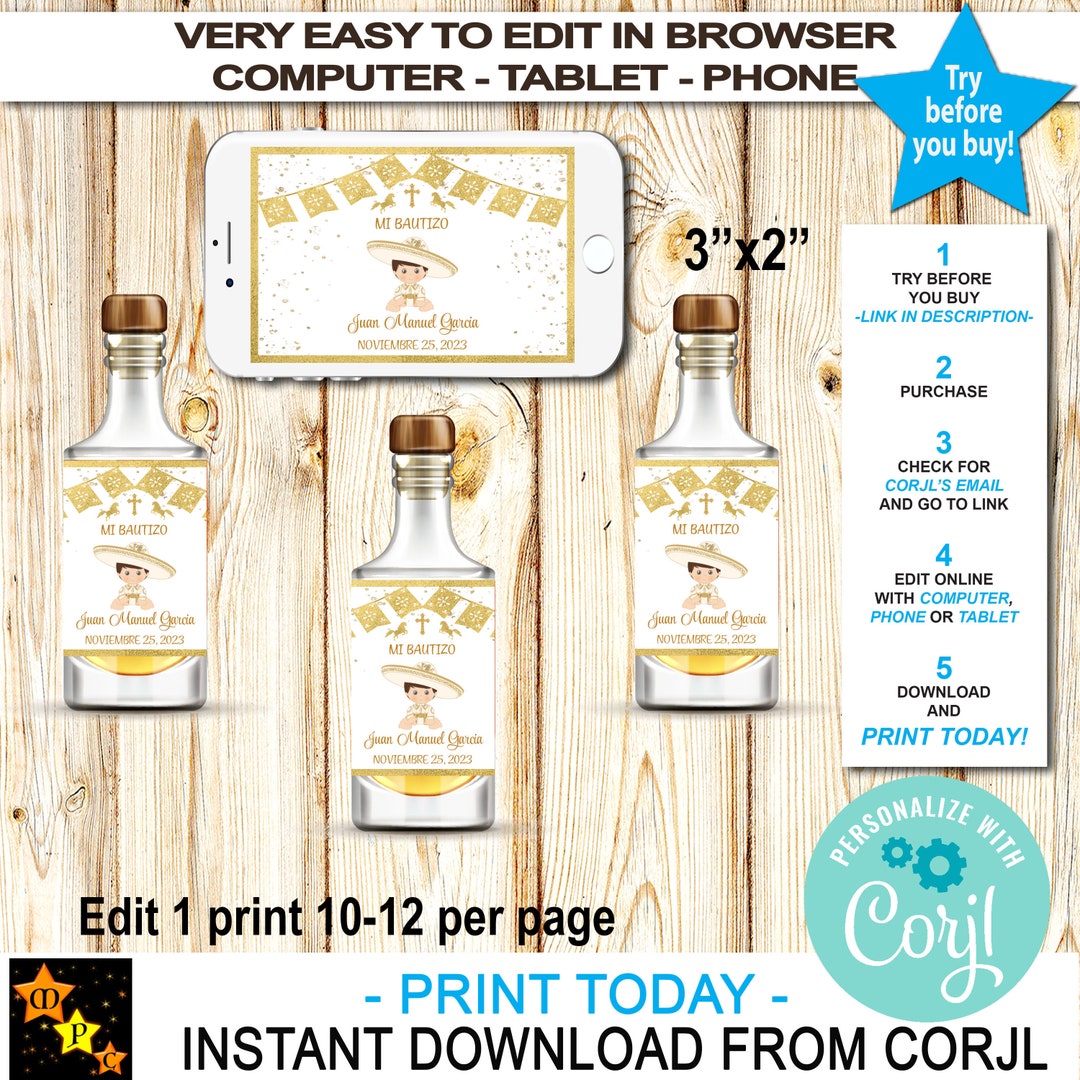 Baptism Mini Liquor Bottle Labels, Baby Charro Gold, Charrito, Mexican ...