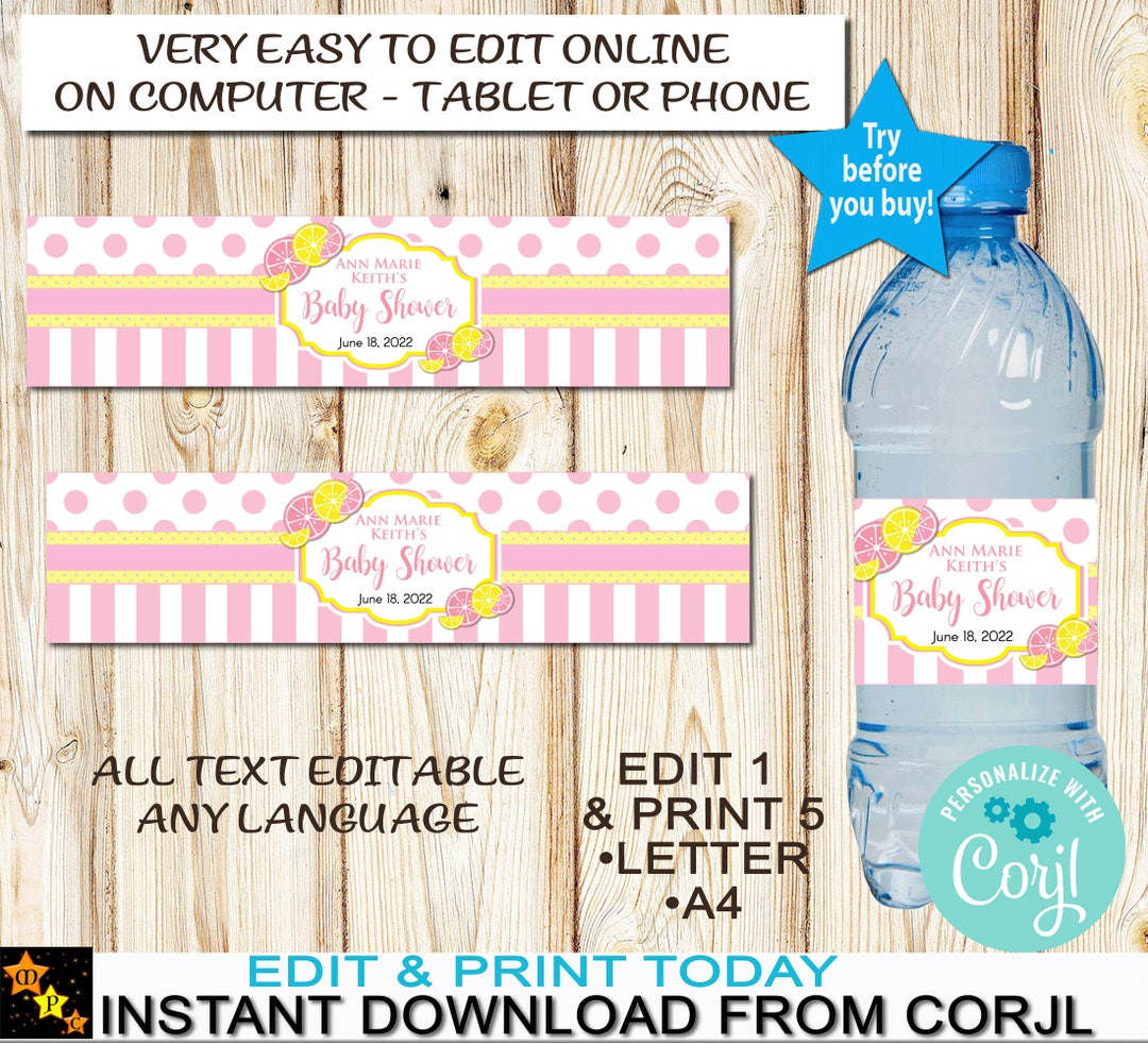 Pink Lemonade, Editable Water Bottle Labels, Baby Shower, Edit Yourself ...