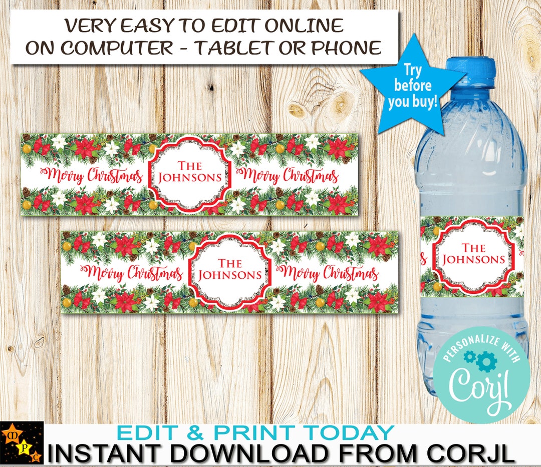 Editable Christmas Water Bottle Labels, Christmas Flowers, Instant ...