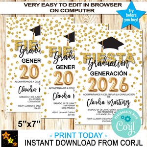 Spanish Graduation Party Invitation, Black and Gold, Printable, 5"x7 ...