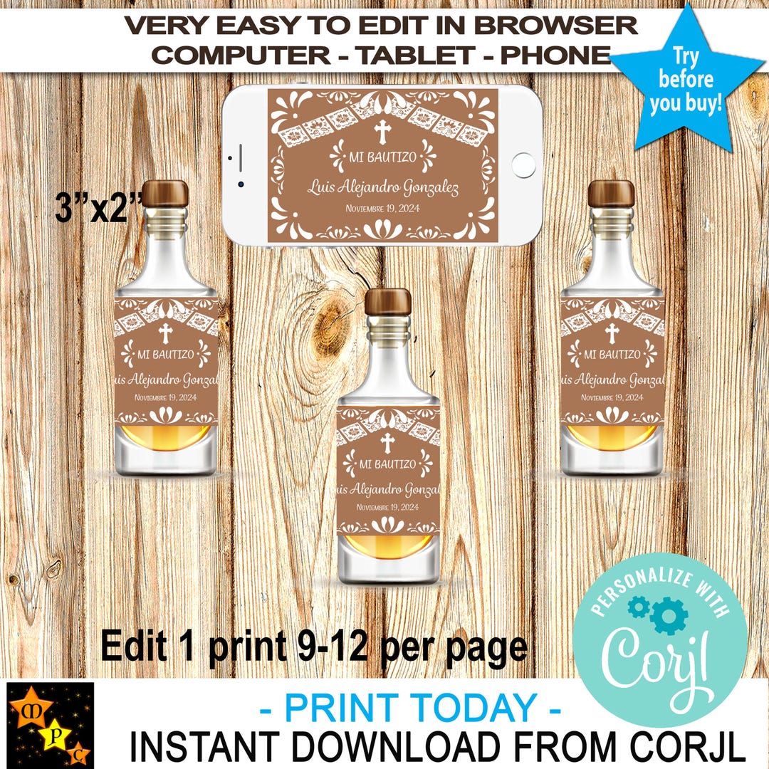 Baptism Mini Liquor Bottle Labels, Barro Theme, Editable (3"x2 ...