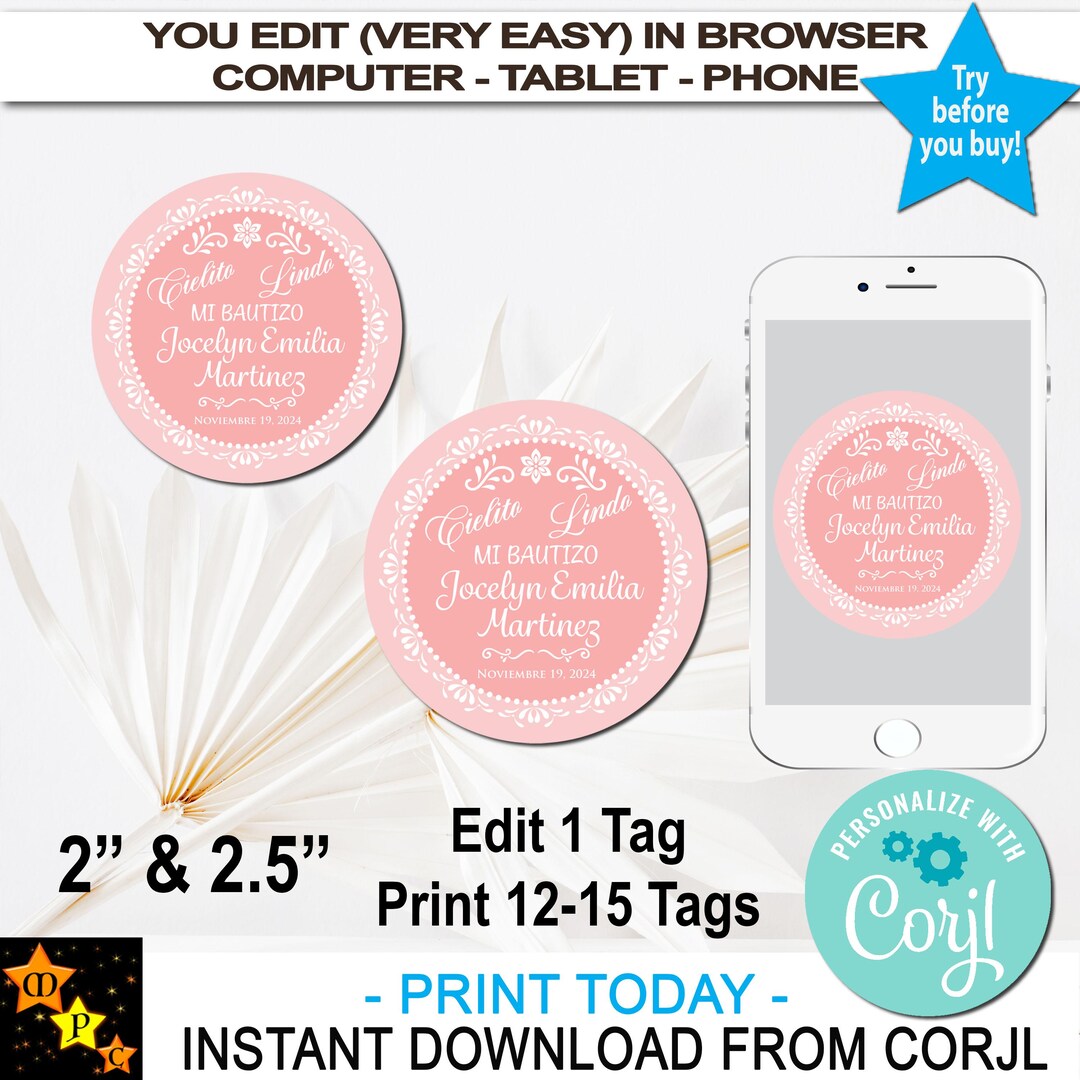 Mi Bautizo Favor Tags, Pink and White, Mexican Style (edit and Download ...