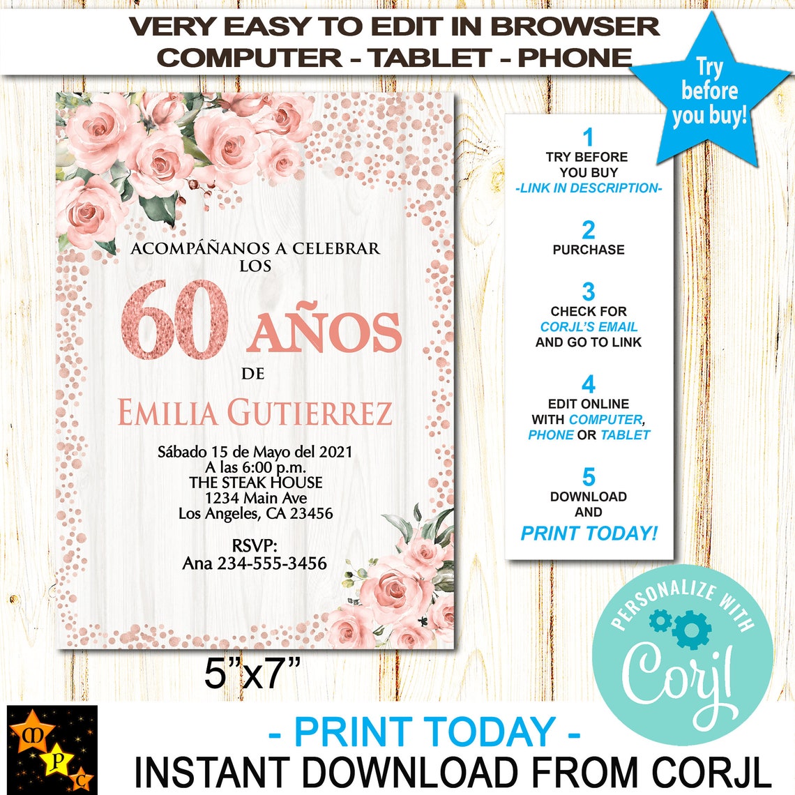 Spanish Any Age Birthday Invitation, Floral Pink and Rose Gold Confetti ...