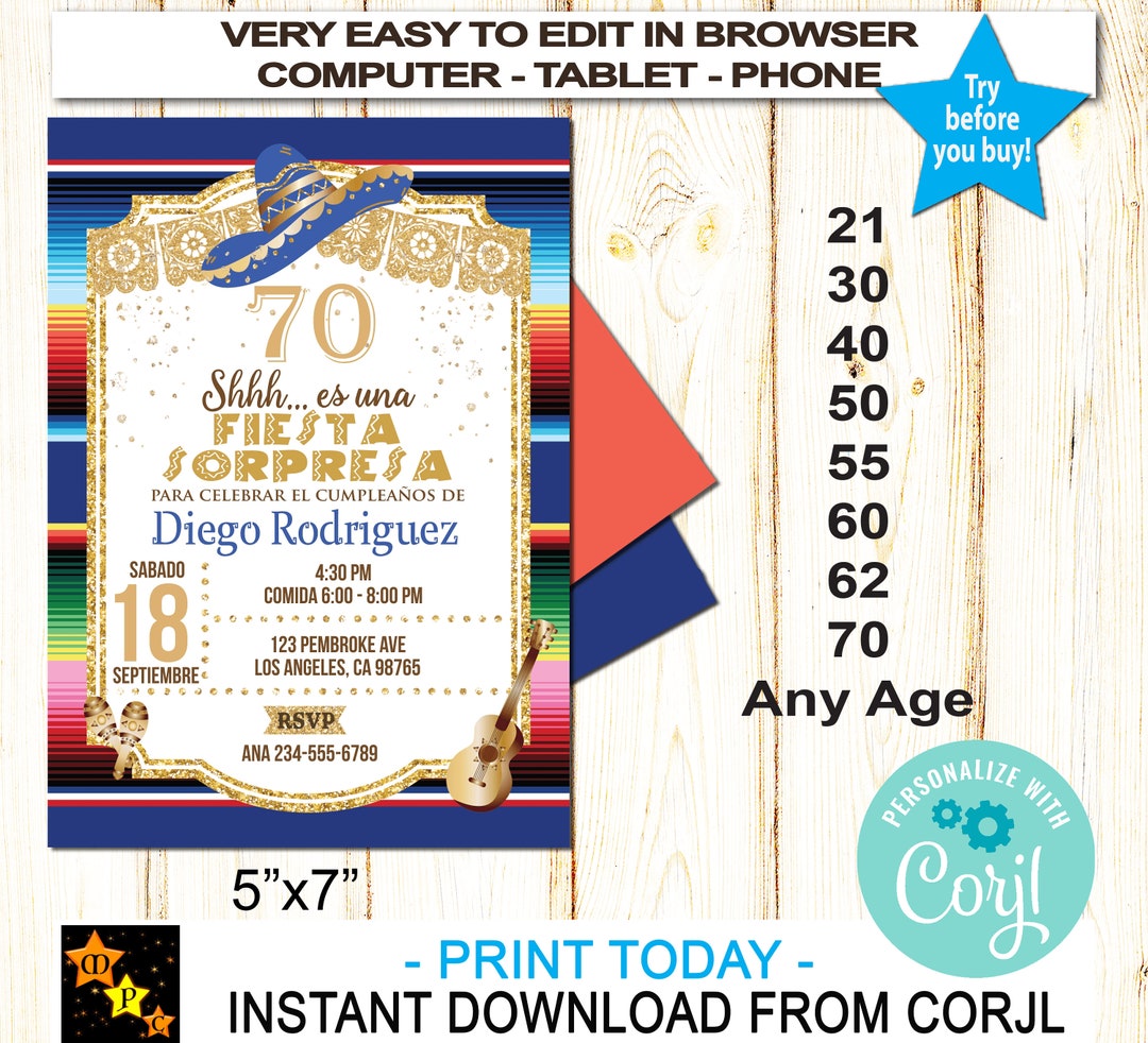 Spanish Surprise Birthday Invitation, Mexican Fiesta, Any Age, Sarape ...