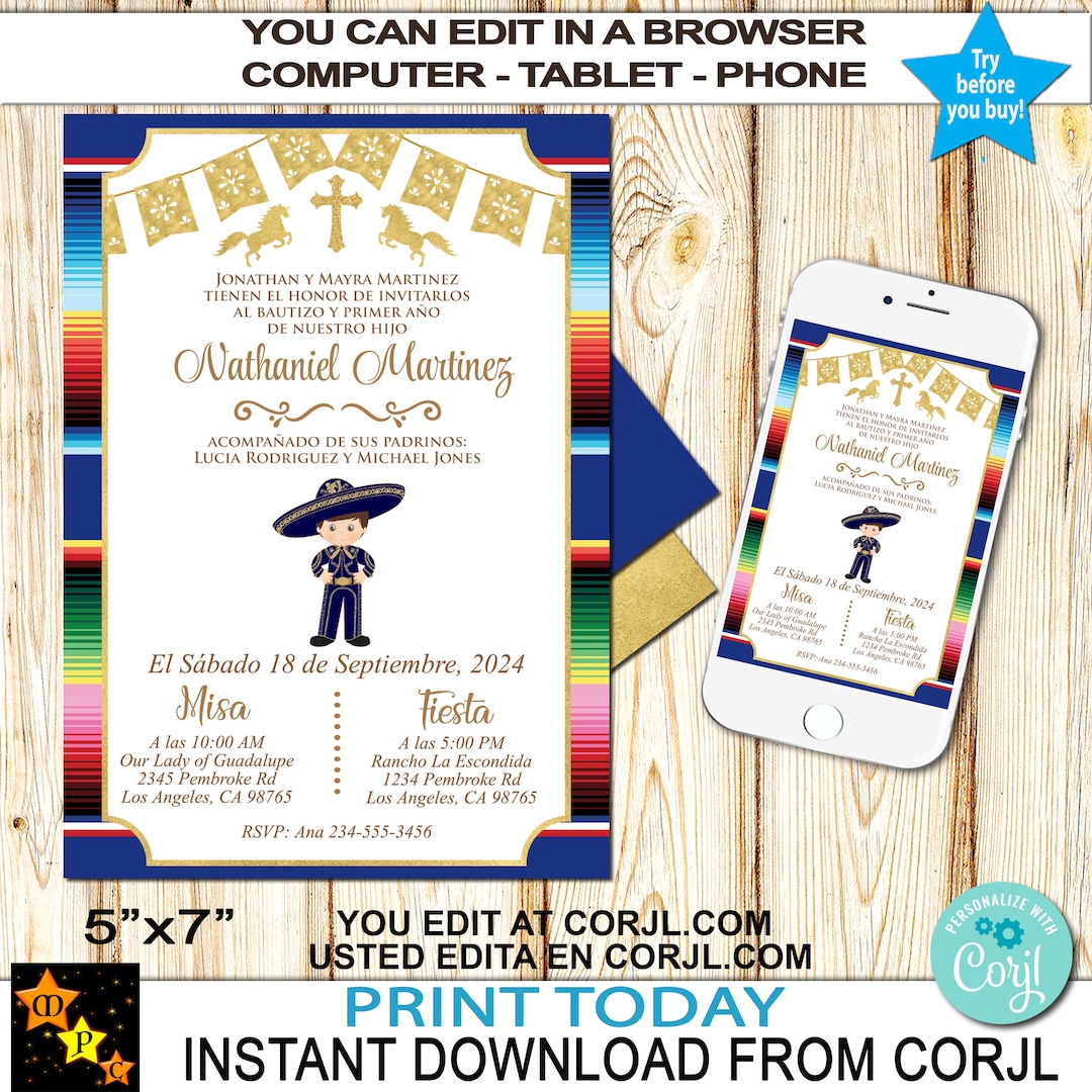 Editable Spanish Baptism Invitation, Mexican Theme, Sarape Background ...