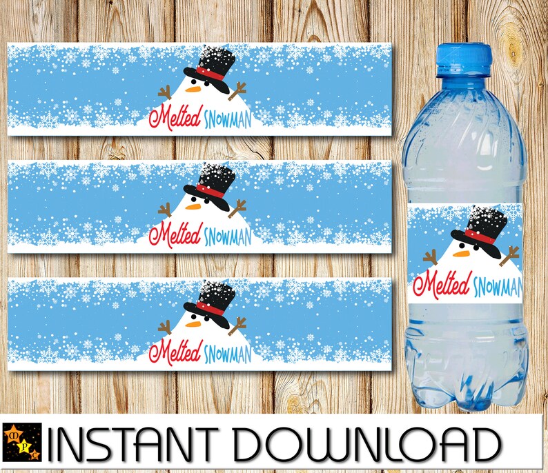 Melted Snowman Water Bottle Label, Christmas Party Decor (digital ...