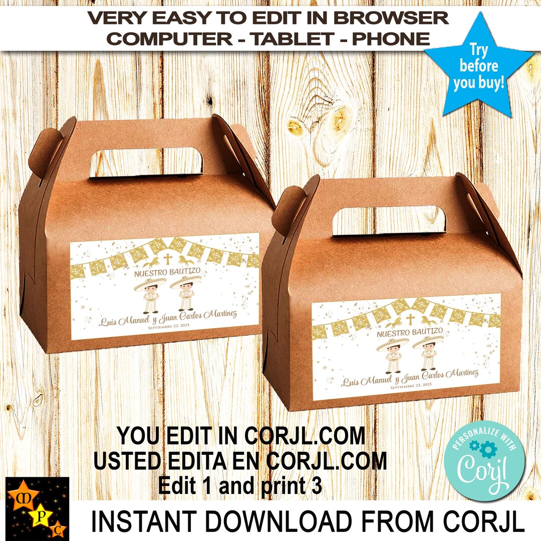 Twins Charro Baptism Candy Box Labels: Gold, Editable (digital Download ...