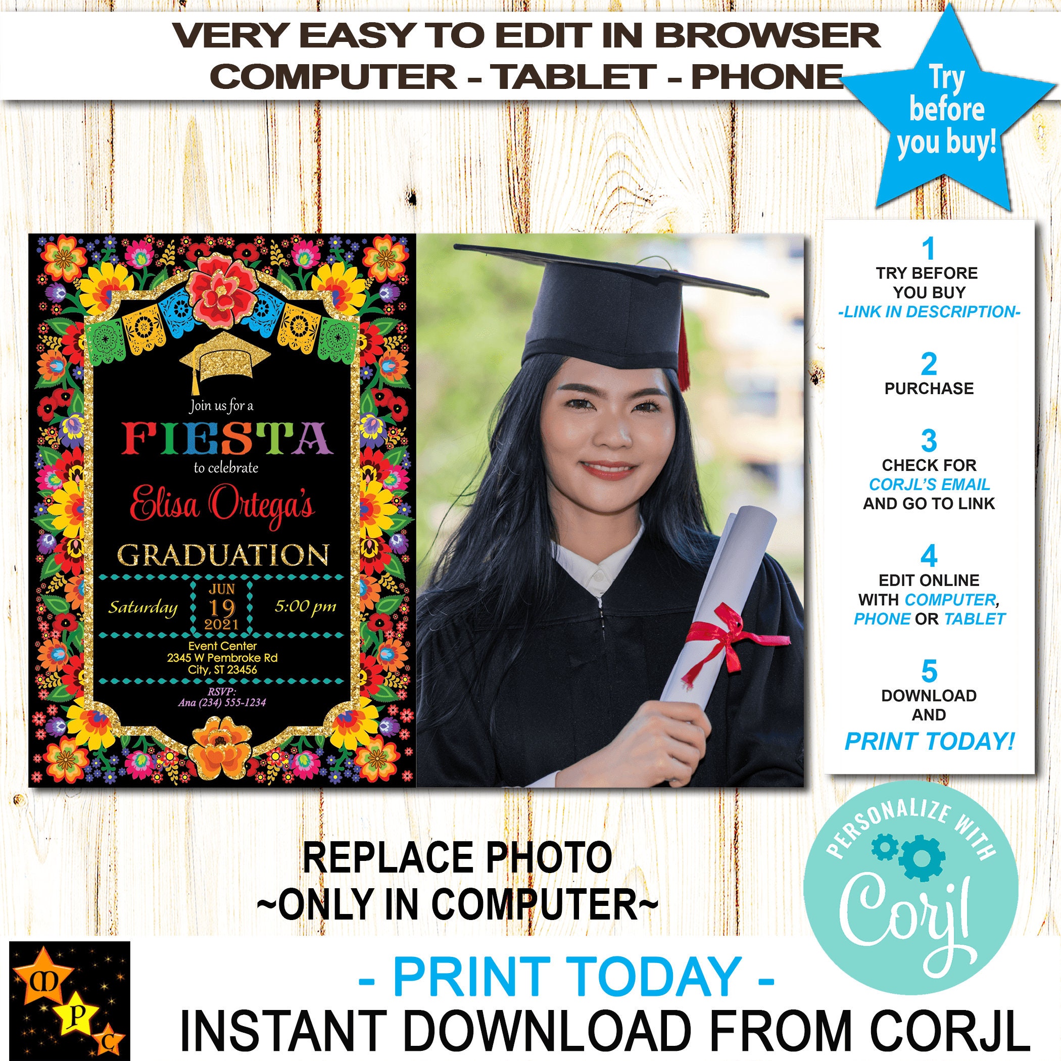 Mexican Fiesta Graduation Photo Invitation, Editable Template (digital ...