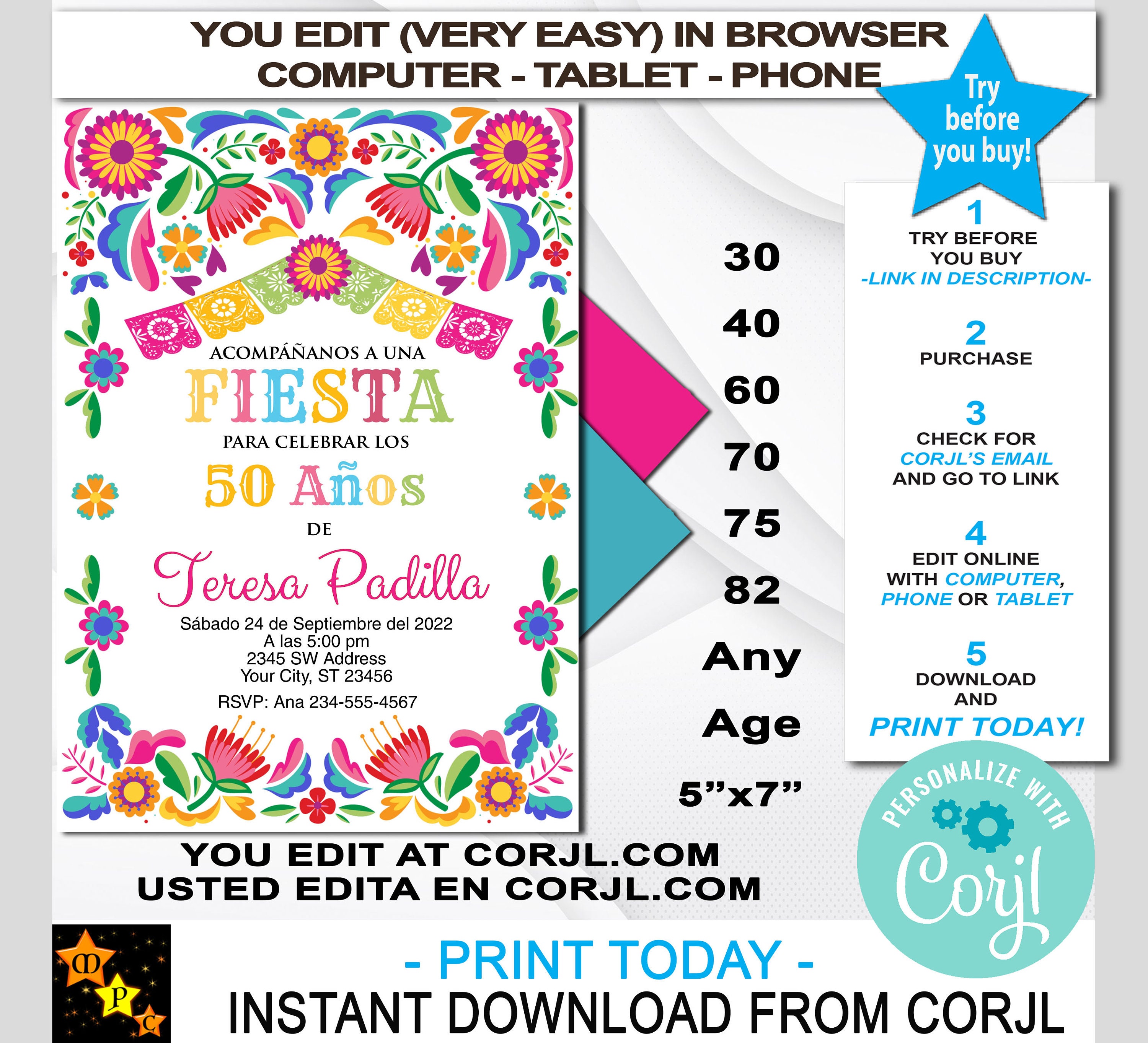 SPANISH Birthday Invitation, Mexican Fiesta Flowers, Any Age, Instant ...