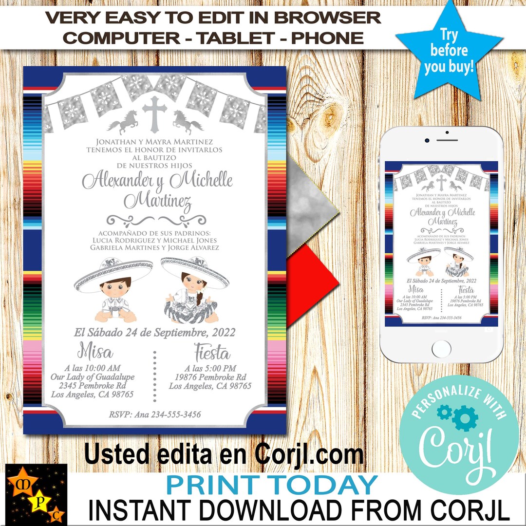 Baptism Invitation, Mexican Theme, Sarape Background, Silver Baby ...