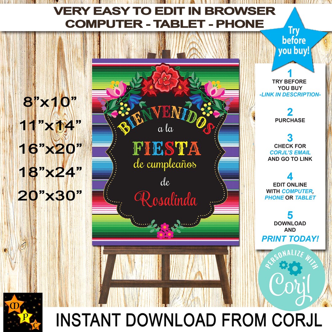 Fiesta Welcome Sign, Mexican Flowers, Sarape Background, Instant ...