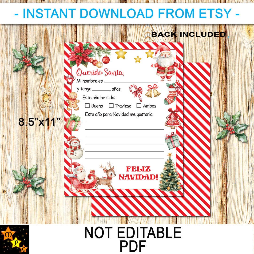 Spanish Dear Santa Letter Printable, Carta a Santa, Wish List (8.5"x11 ...