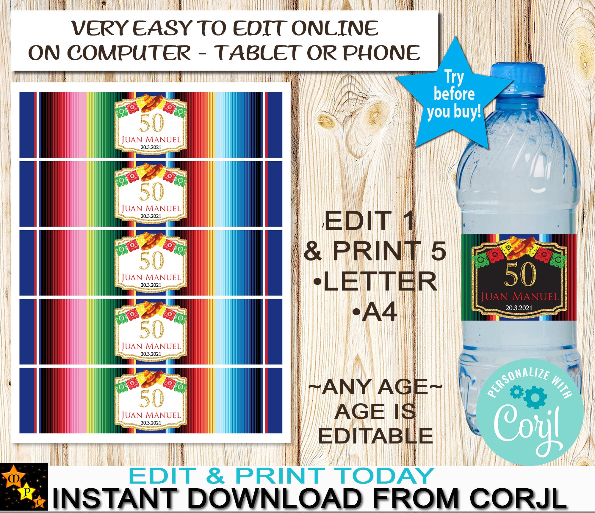 Editable Mexican Fiesta Water Bottle Labels, Serape Birthday (digital ...