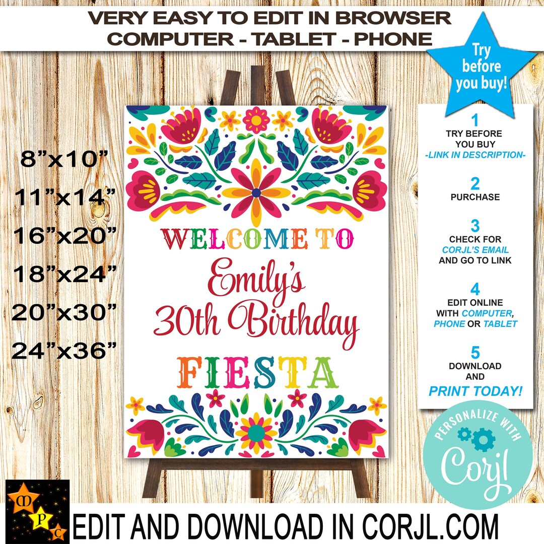 Fiesta Welcome Sign, Mexican Flowers, Instant Download From Corjl, Edit ...