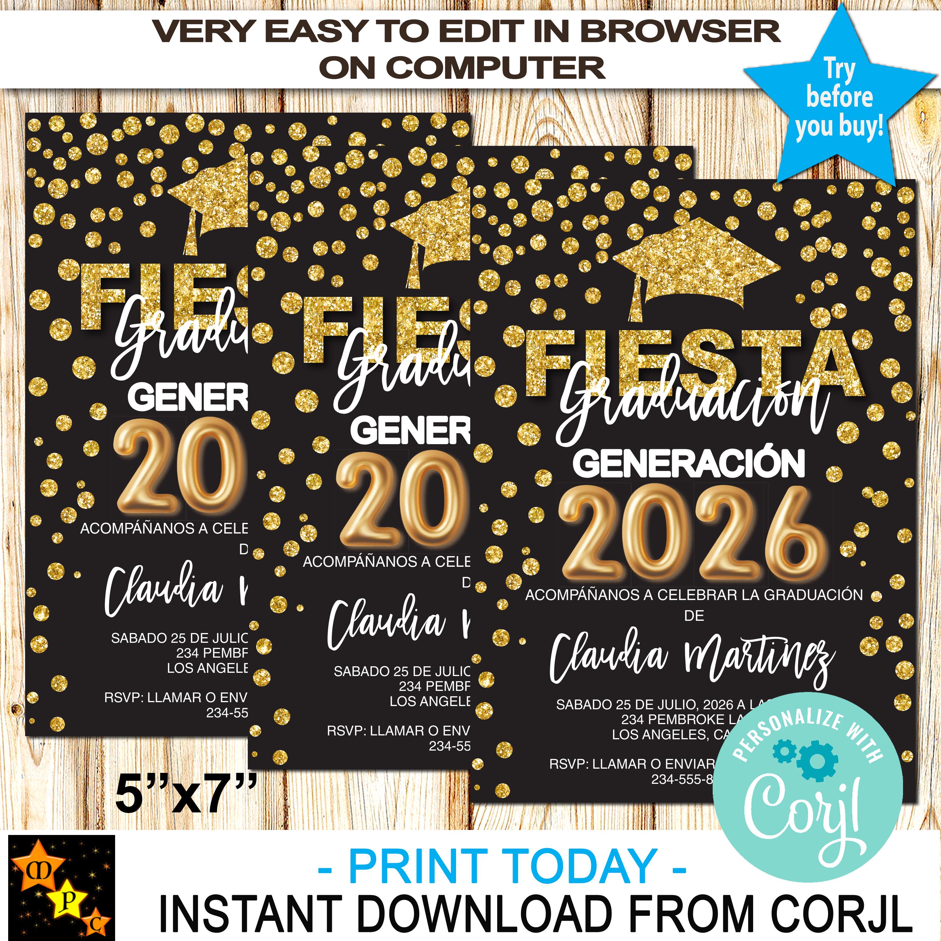 Spanish Graduation Party Invitation, Black and Gold, 2026, Printable, 5 ...