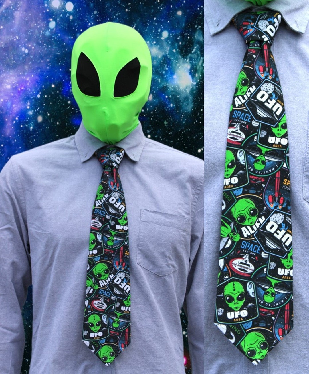 Aliens and Ufos Novelty Necktie - ADULT Size - Cotton Fabric - Free ...