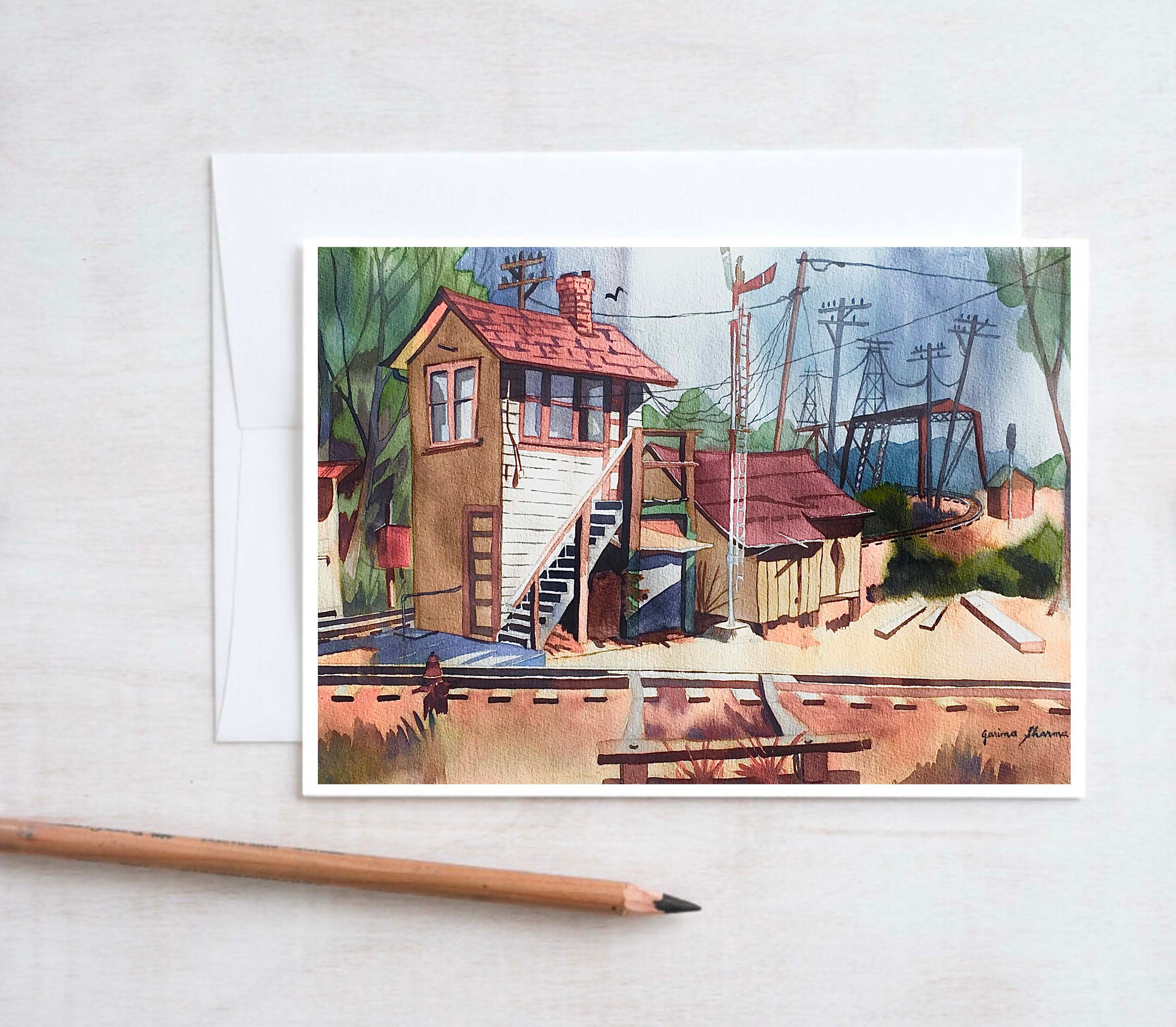 Watercolor Train Station Note Card, Whistle Stop Art - Etsy