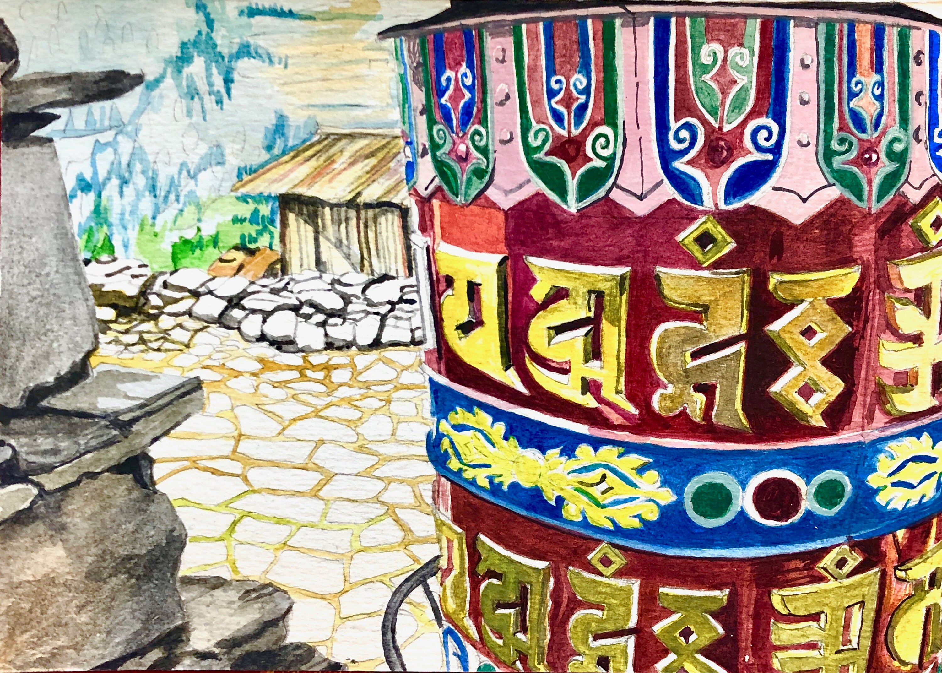 Tibetan Prayer Wheel Art Print, Sacred Text, Lotus Bud, Lantsa Ranjana ...