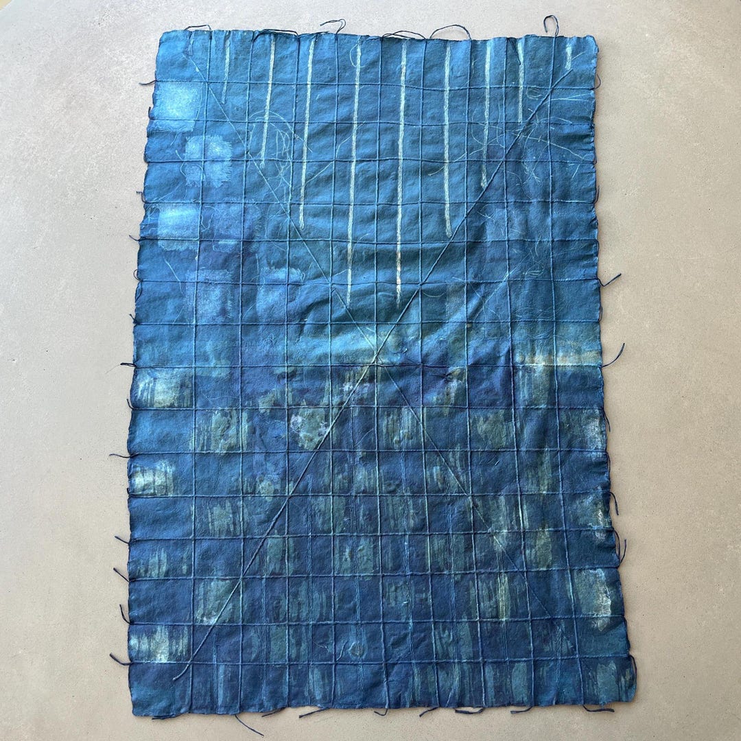 Indigo Dyed Handmade Paper, Embedded Thread Paper Art, Heavyweight Hemp ...