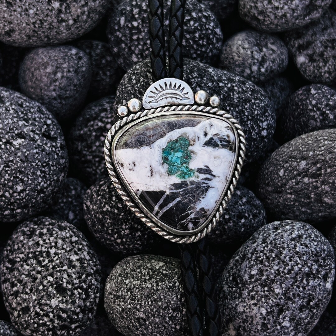White Buffalo With Turquoise Inlay Bolo Tie , Sterling Silver Artisan ...