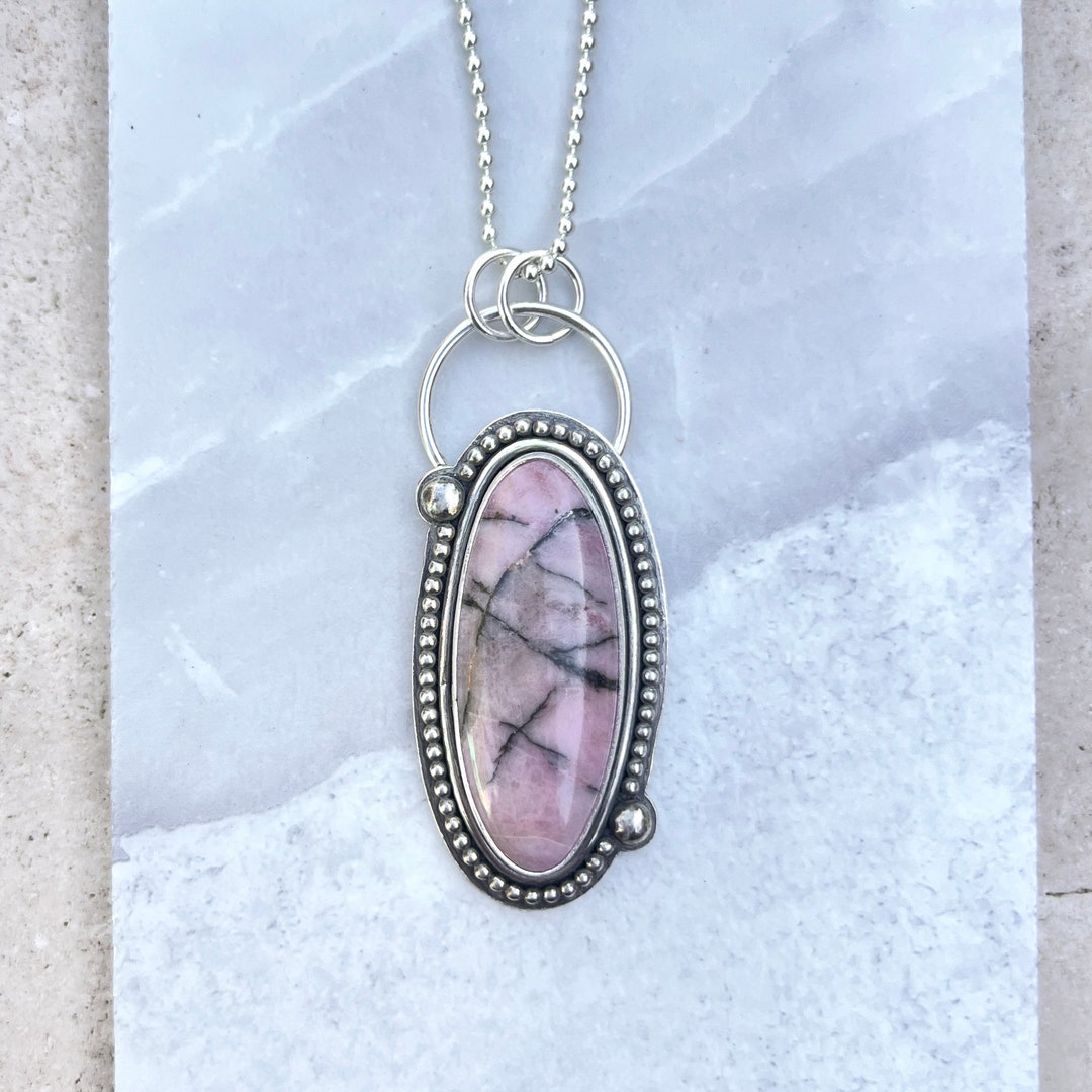 Pink Rhodonite Necklace, Sterling Silver Pendant, Artisan Made in USA ...