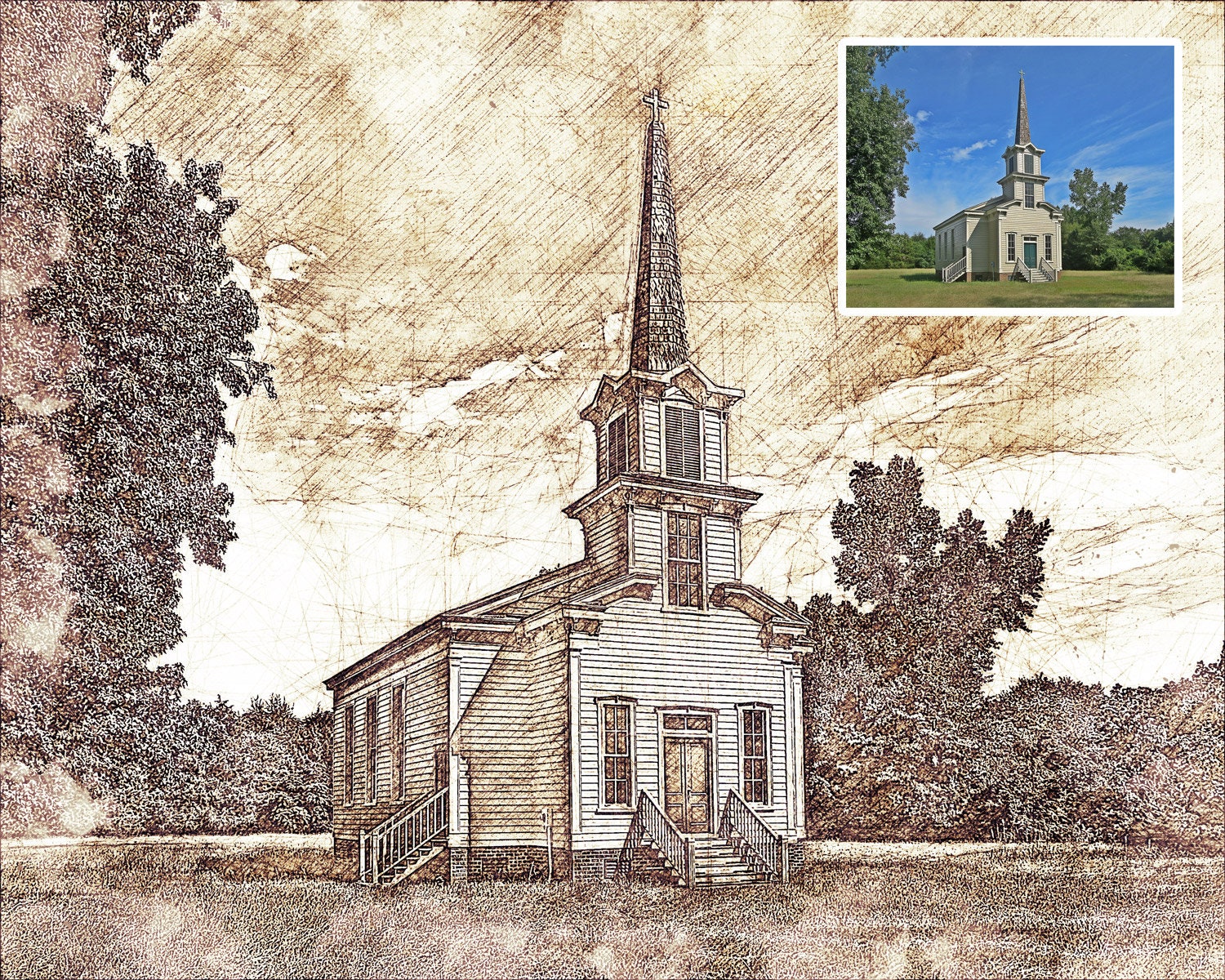 Church Portrait Photo to Art Chapel Portrait Church Sketch | Etsy