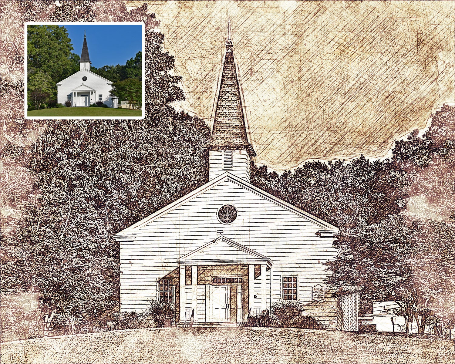 Church Portrait Photo to Art Chapel Portrait Church Sketch | Etsy