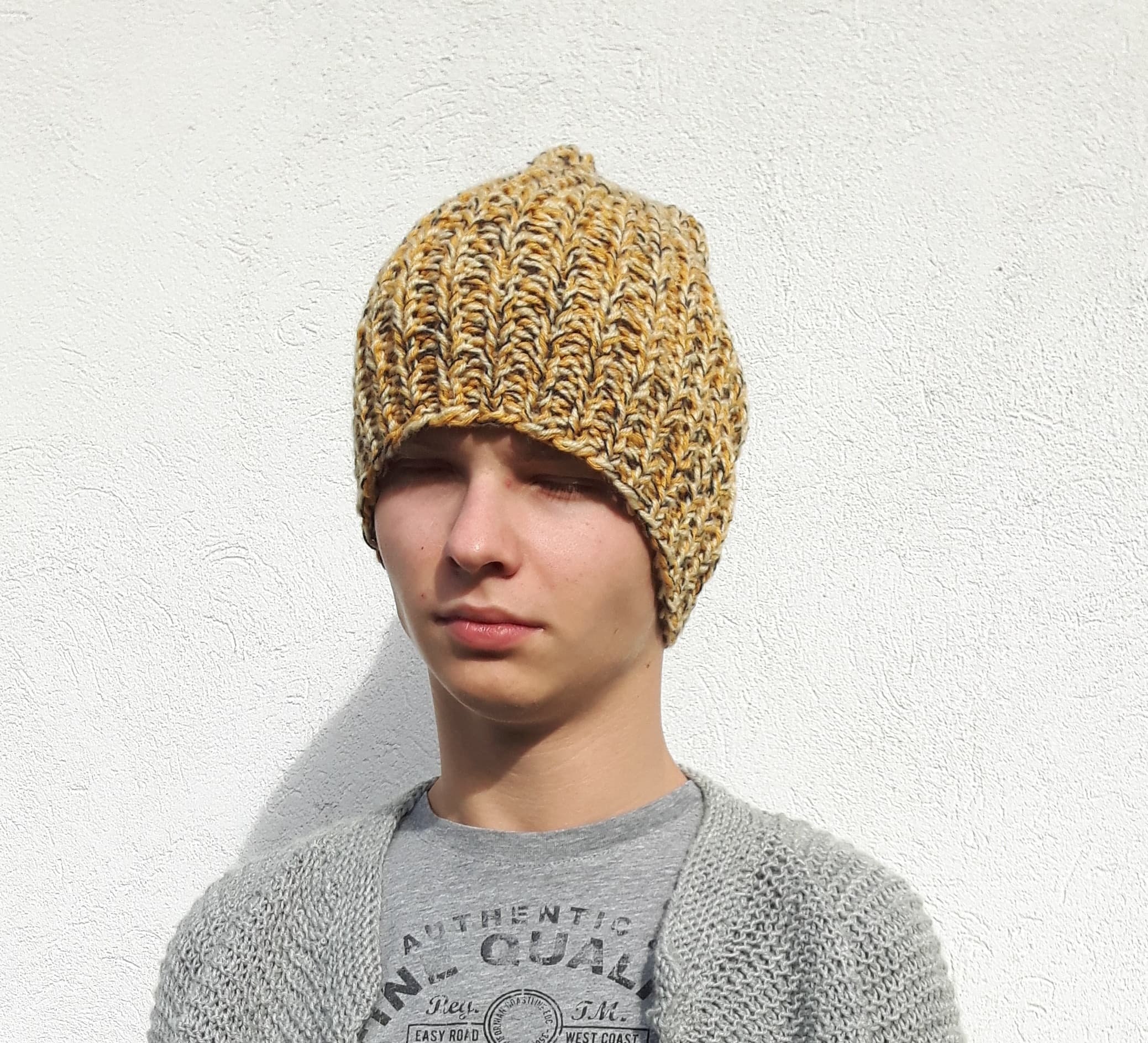 Mustard Buggy Hat, Chunky Hat, Stocking Knit Hat, Handmade Knit Beanie, Gift for Him, Slouchy ...