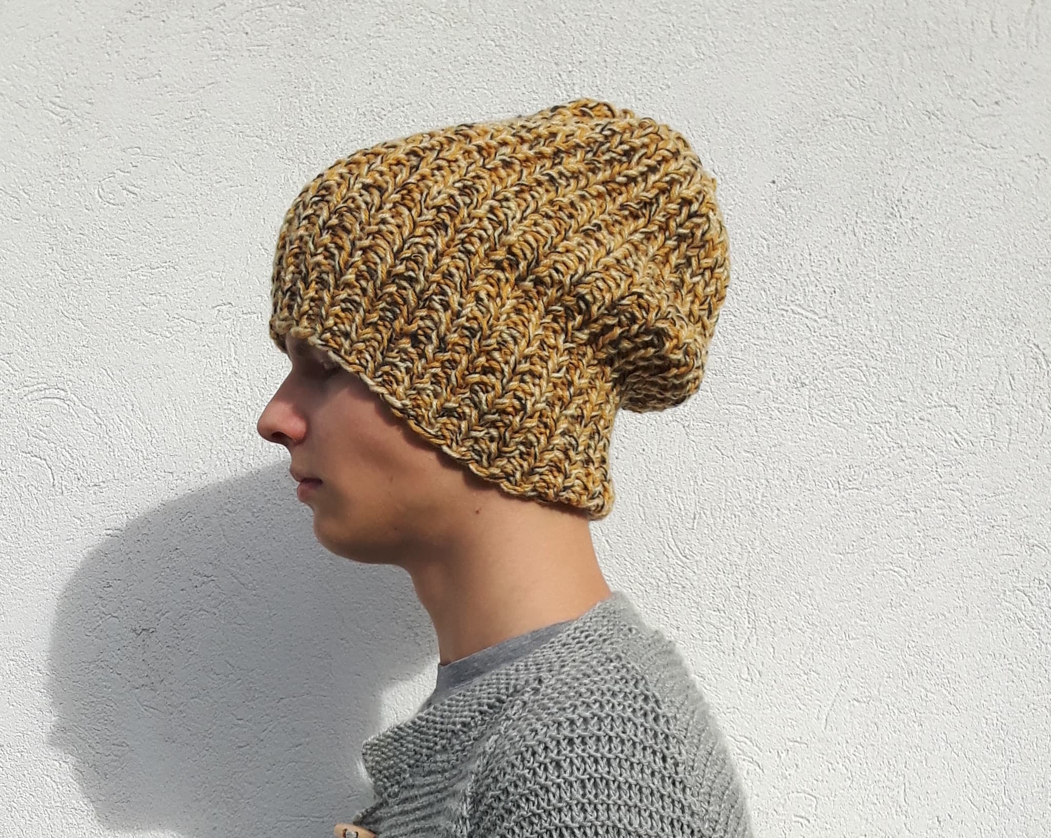 Mustard Buggy Hat, Chunky Hat, Stocking Knit Hat, Handmade Knit Beanie, Gift for Him, Slouchy ...