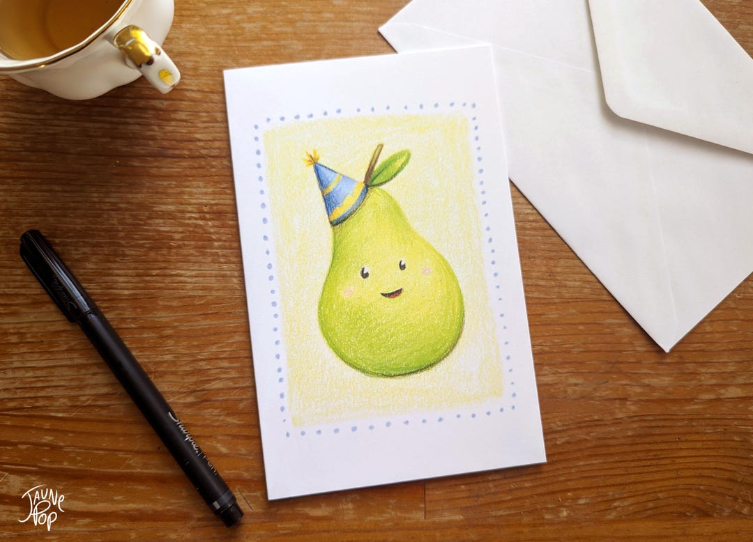 Pear Birthday Card With a Party Hat, Blank Inside, Envelope Included ...