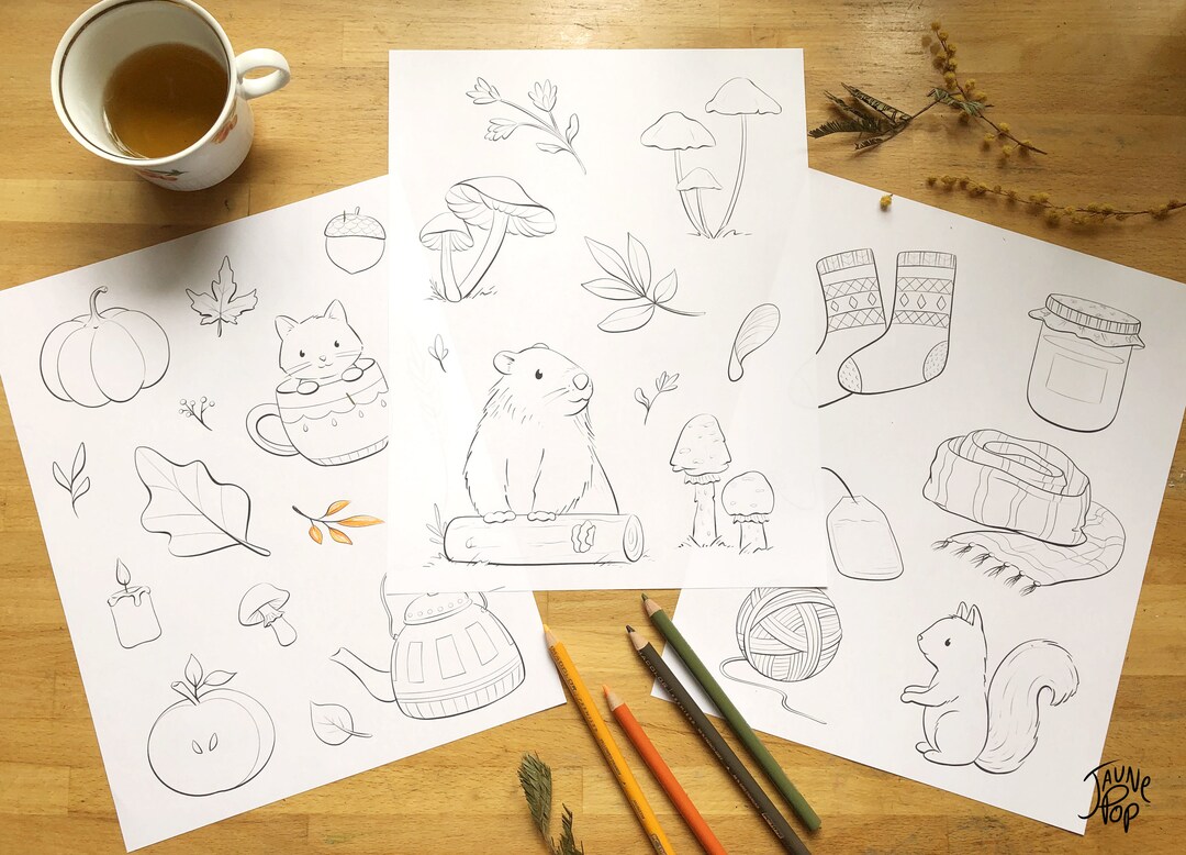 Download of 3 Autumn Themed Coloring Illustrations Containing Mushroom ...