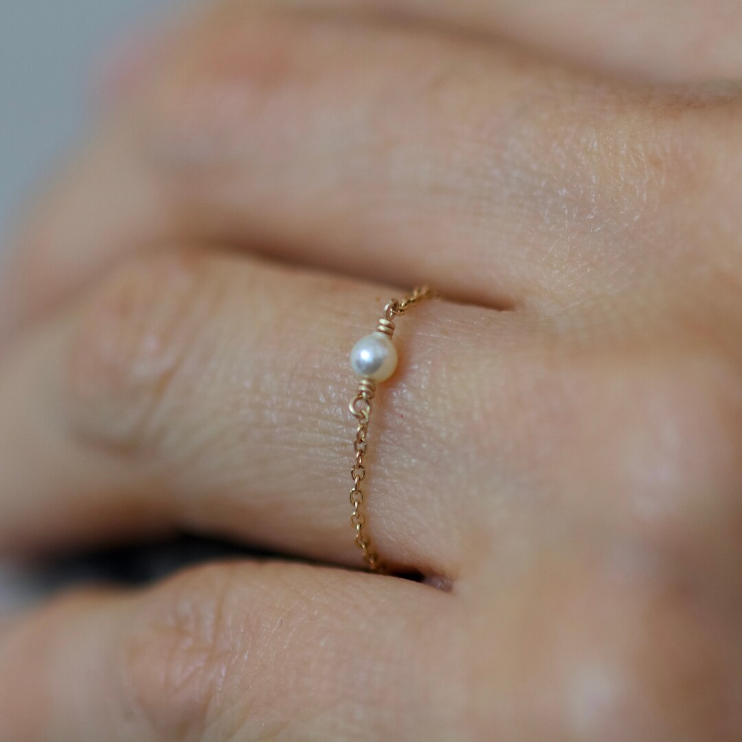 Ultra Thin Chain Ring 3mm Swarovski Round Pearl Chain Ring Dainty ...