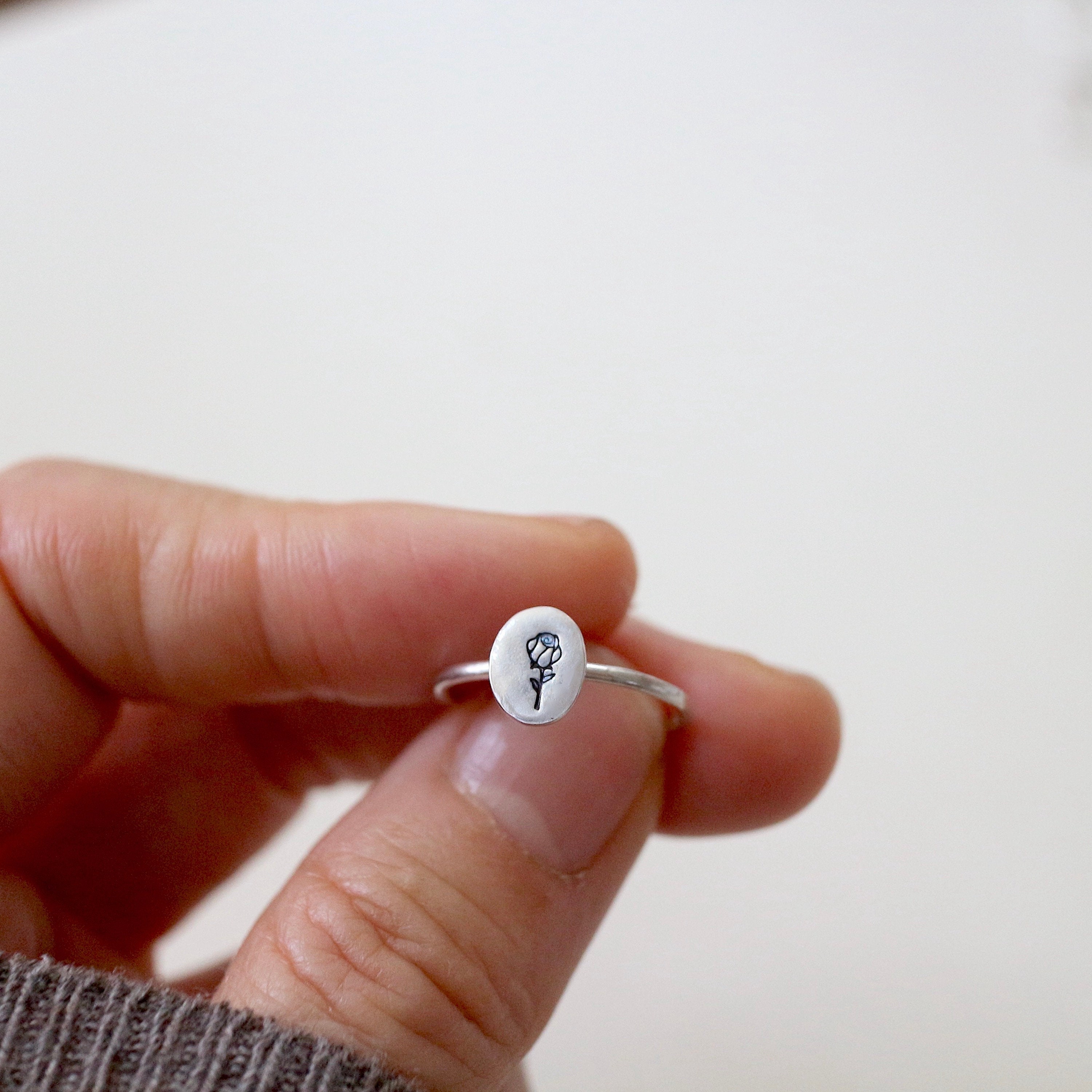 Rose Hand Stamped Ring Sterling Silver Stacking Ring Hand - Etsy