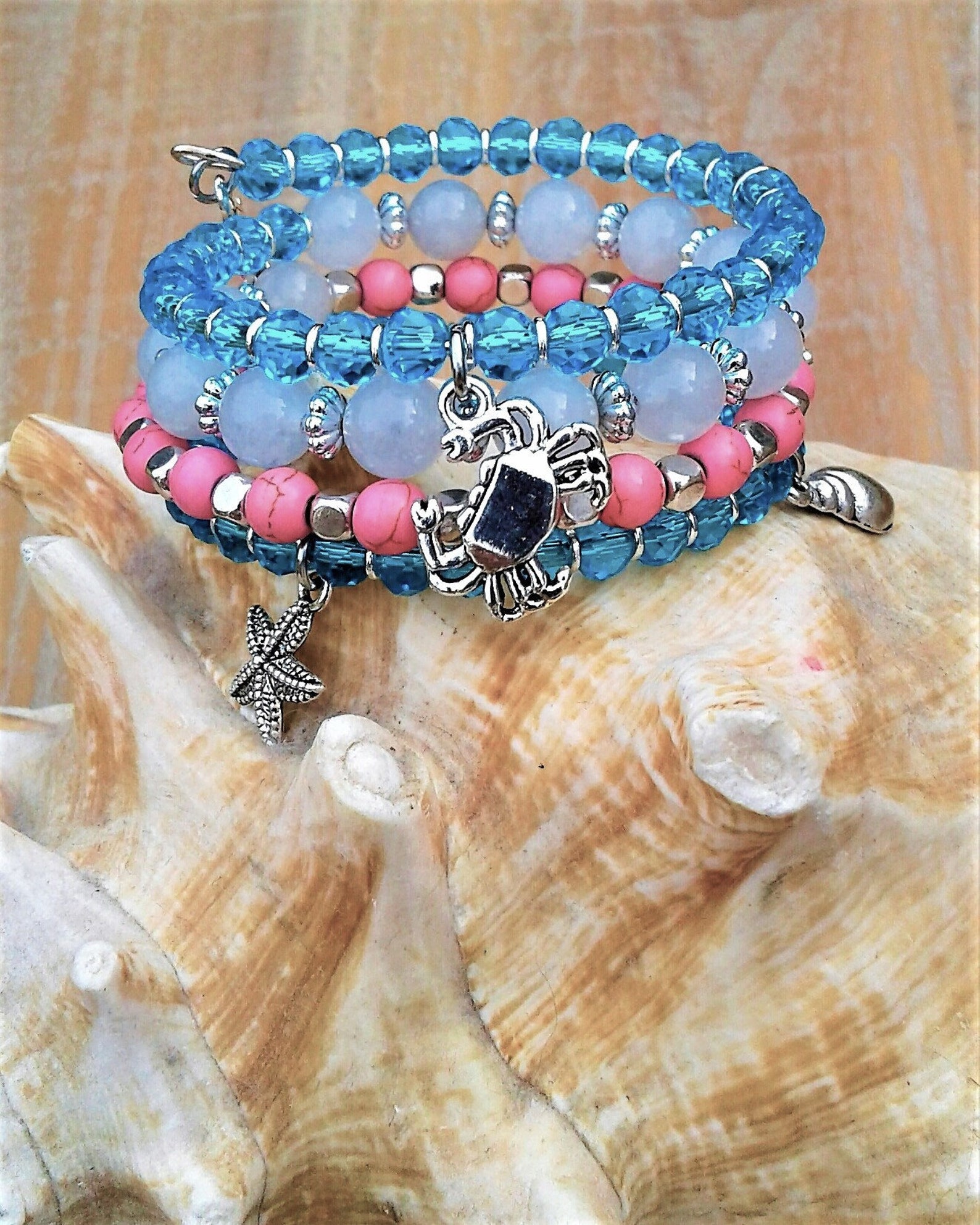 Beach Bracelet Tropical Blue Crystal Beach Wire Wrap Bracelet Natural ...