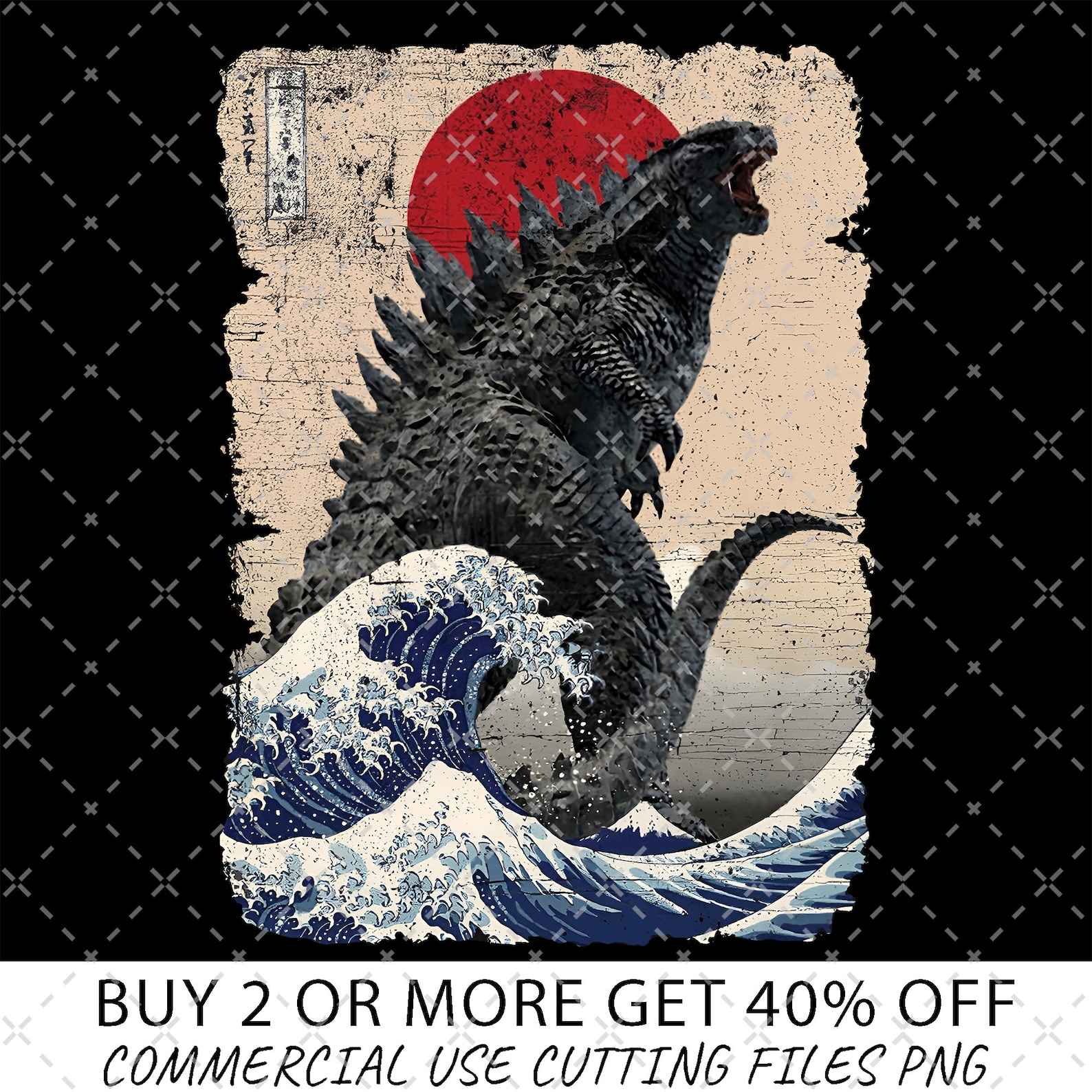 Vintage Japanese Godzilla Great Wave PNG, Godzilla and the Wave Youth ...