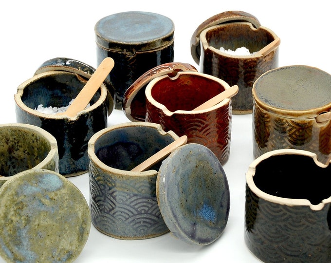 Hand Built Ceramic Salt Cellar With Wooden Spoon, Pottery Covered Spice ...