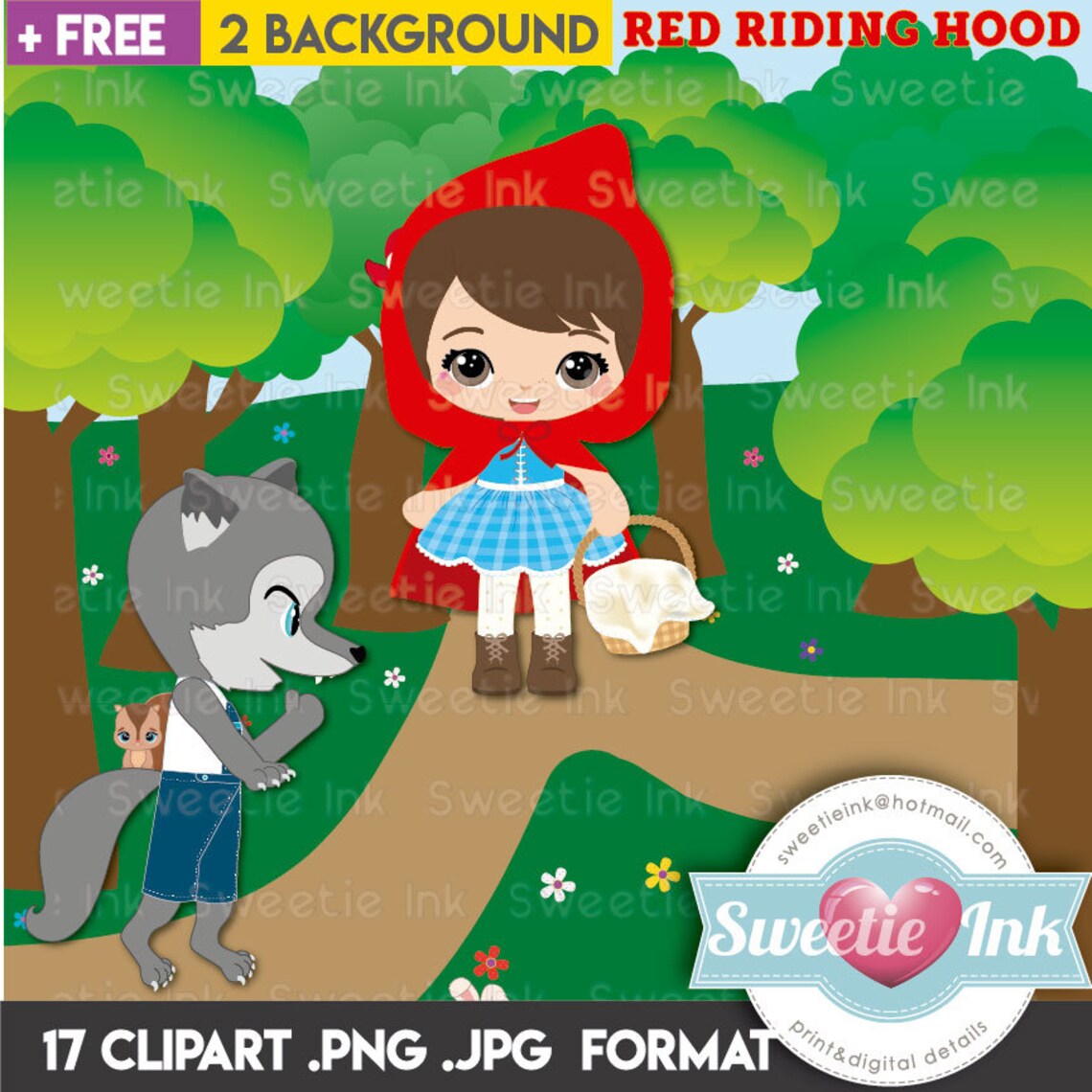 Red Riding Hood Clipart Set Kawaii Little Red Riding Hood - Etsy
