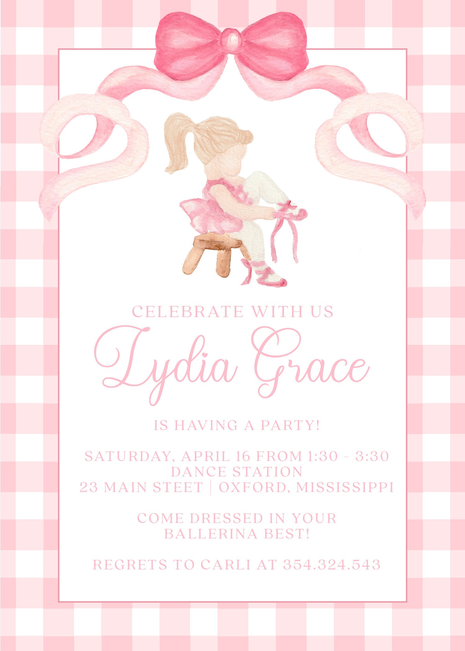 Lydia Watercolor Pink Birthday Invitation Ballerina Birthday - Etsy