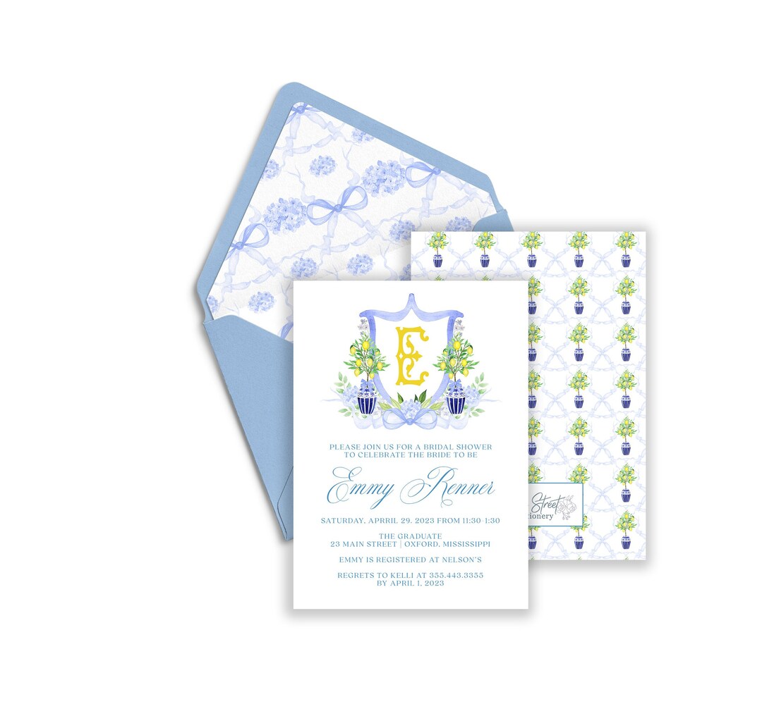 Emmy Renner Lemon Monogrammed Crest Bridal Shower Invitation, Lemon ...