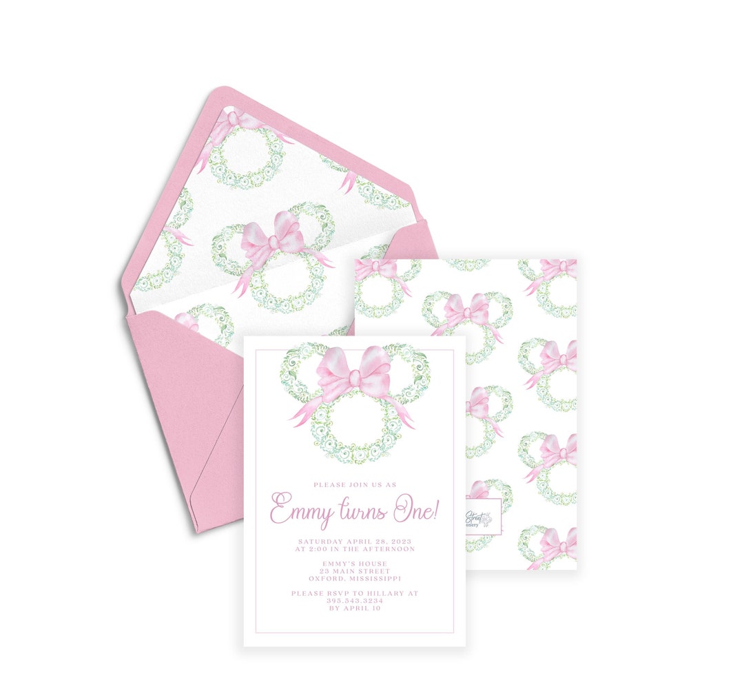 Emmy Mouse Wreath, Minnie, Greenery, Watercolor Birthday Invitation ...