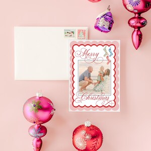 Ornate Pink Stocking, Grandmillenial Watercolor Photo Christmas Card ...