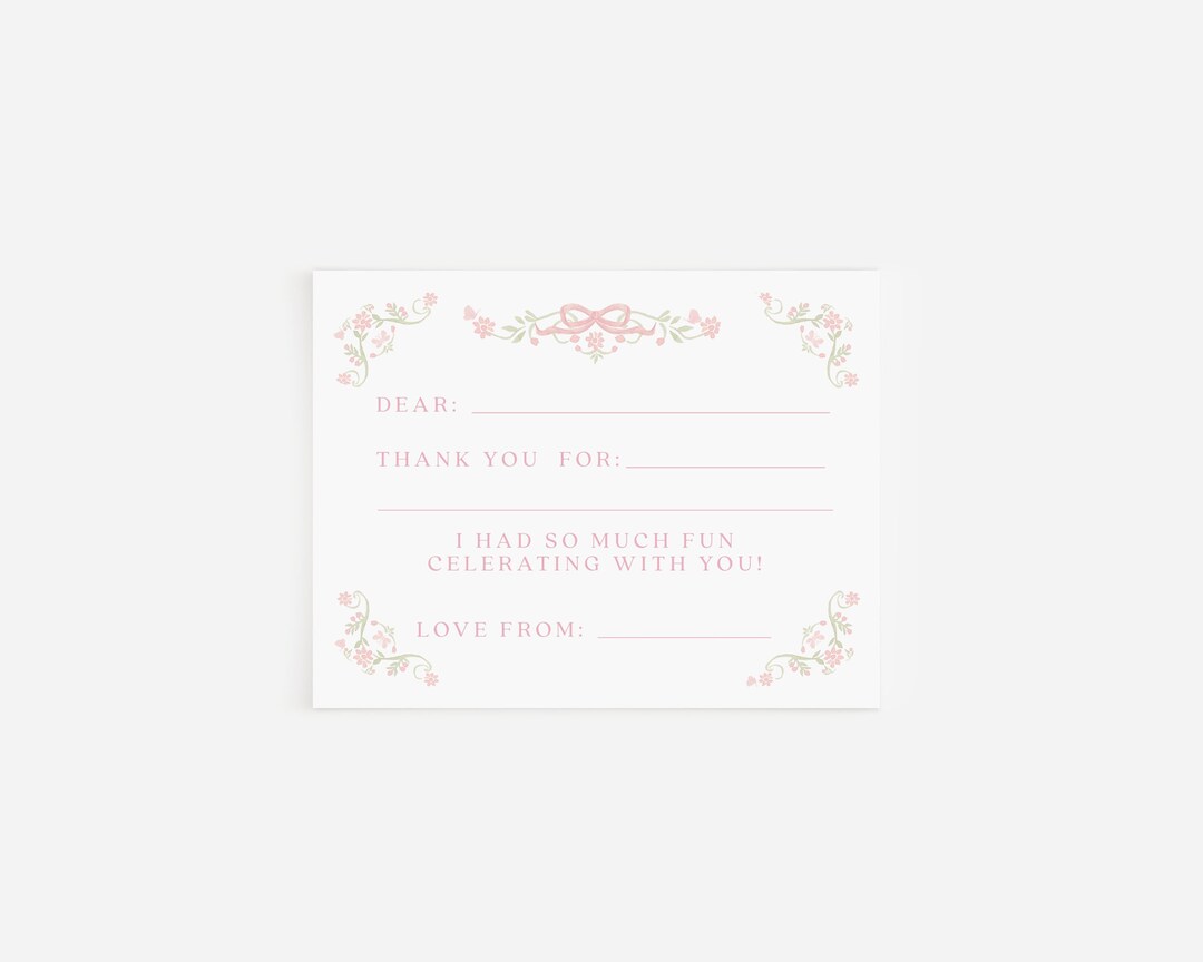 Pink Floral Fill-in the Blank Thank You Card for Kids, Editable ...