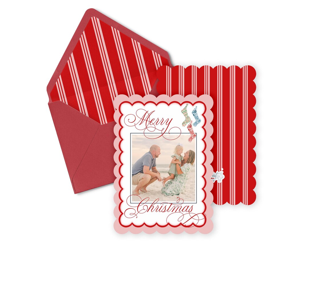 Ornate Pink Stocking, Grandmillenial Watercolor Photo Christmas Card ...